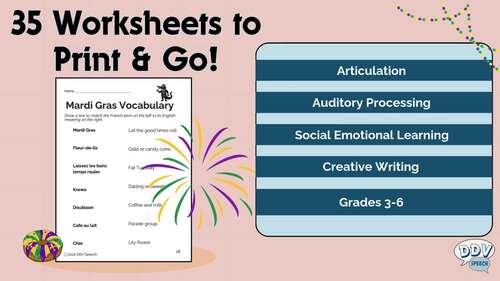 Mardi Gras Fat Tuesday Speech Therapy Coloring Activities Articulation ...