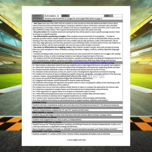 F1: The Movie Reading Comprehension & Writing Activities | Grades 6–12 ELA