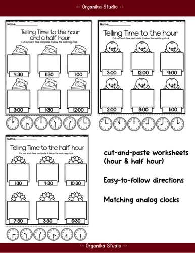 Thanksgiving Telling Time Cut and Paste Worksheets | TPT