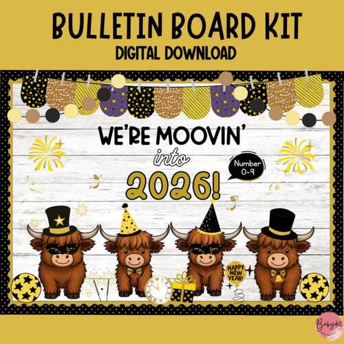 New Year Bulletin Board Kit | Highland Cow Classroom Decor January Door ...