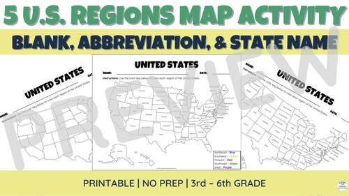 Blank Map Regions of the United States Geography Map Activity 3rd - 6th ...