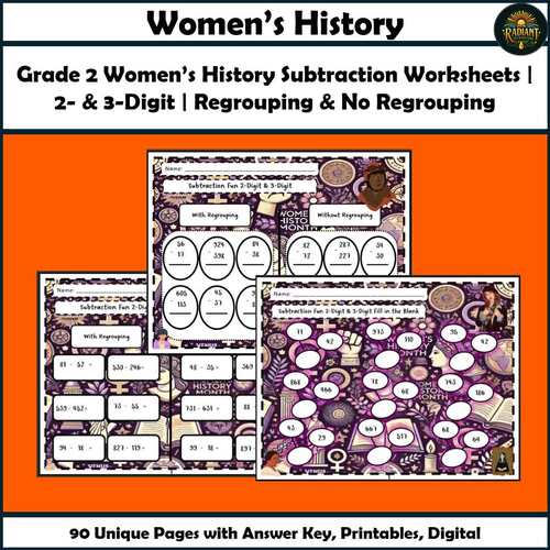 Grade 2 Women History Subtraction Math 2 3 Digit Regroup No Regroup ...