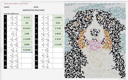 Subtracting Fractions with Unlike Denominators Digital Pixel Art Math ...