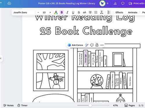 Winter Reading Log: Customizable Poster: 25 Book Challenge Tracker