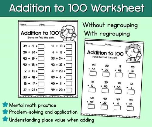 Addition Within 100 With And Without Regrouping Worksheets | TPT