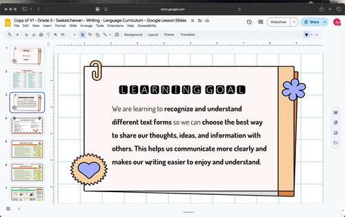 Grade 3 - Writing Unit - Google Lesson Slides - Saskatchewan Language