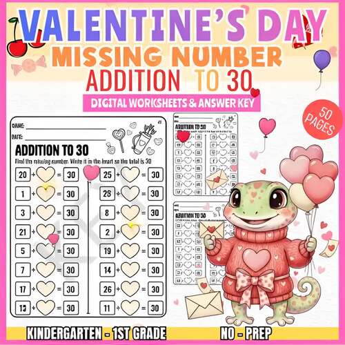 Valentine’s Day Missing Number Addition to 30 No Prep Math Worksheets ...