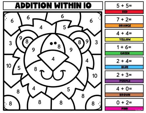 Addition Facts within 10 | Zoo Animals Theme Color-by-Code Worksheets