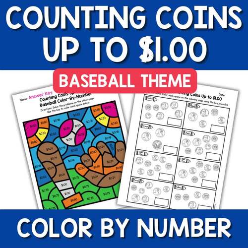 Baseball Counting Money Coins Up to $1 Color by Number Code 2nd Grade ...