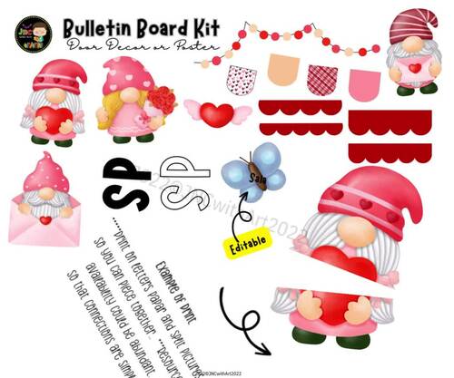Valentine's Day Gnome Bulletin Board Kit,Door Decor, February,Editable