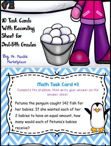 Division With No Remainders Word Problem Task Cards- Winter Themed- 3rd-5th