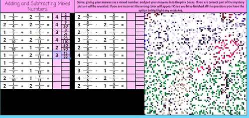 Adding and Subtracting Mixed Numbers Valentines Day Math Pixel Art | Unlike