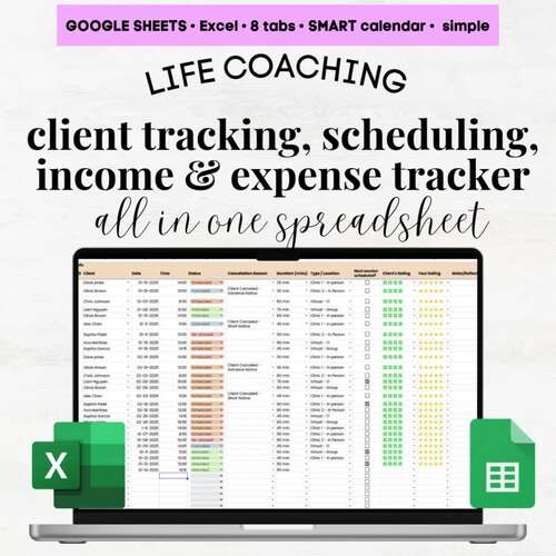 Coaching Business Bookkeeping Client Tracker Session Spreadsheet, Life ...