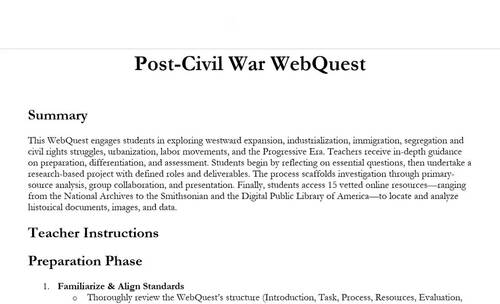 Post Civil War (1865-1920) WebQuest by PBL History & Civics | TPT