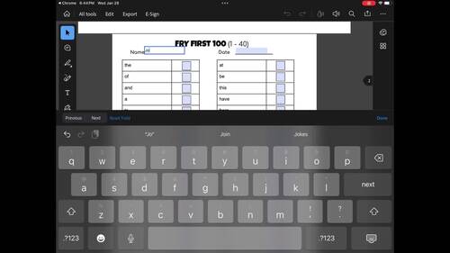 Fry SECOND hundred Sight Word digital checklist data collection by Embeejoy