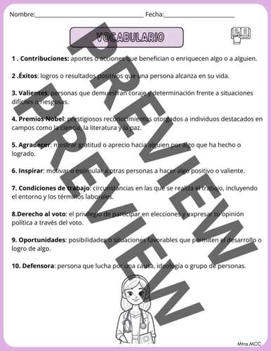 Lectura, vocabulario y escritura Día de la Mujer Español -Women's ...
