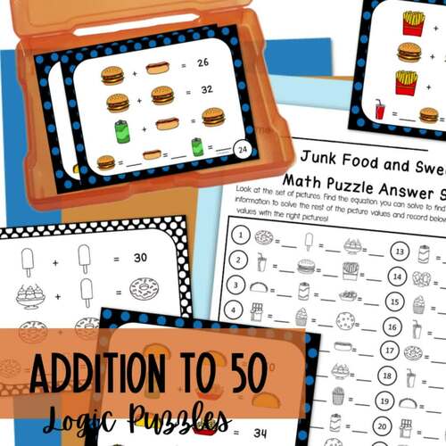 Junk Food Logic Puzzle Enrichment Activity Task Cards Addition Sums to 50
