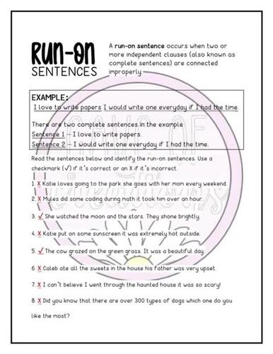 Run-on Sentence - Worksheet Packet with Answers by Cave of Creations