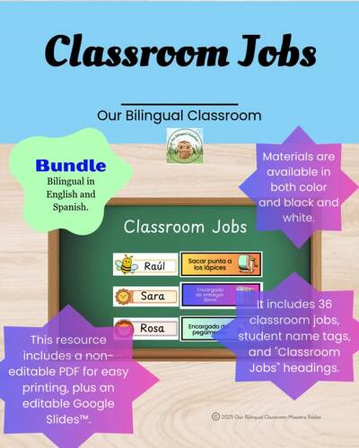 Bundle! Classroom Jobs Bilingual in English and Spanish | Editable