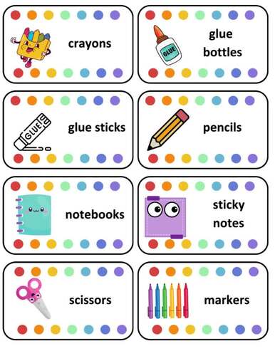 Colorful Classroom Supply Labels with Pictures - EDITABLE Labels