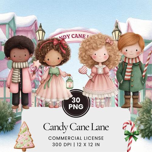 Candy Cane Lane Christmas Watercolor Clipart by Ikota Design | TPT