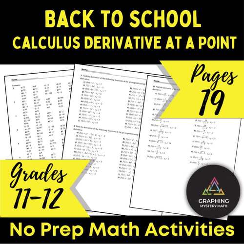 Back to School Calculus Derivative at a Point No Prep 15 Math Worksheets