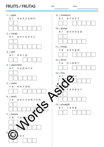 Spanish Bilingual Vocabulary Worksheets Cards Puzzles Games FRUITS
