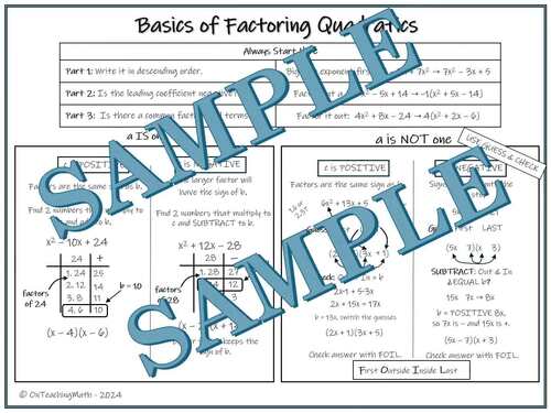 Factoring Quadratic Expressions Reference Sheet by On Teaching Math
