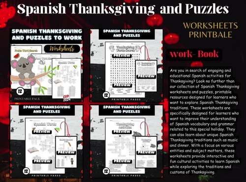 Spanish Thanksgiving Worksheets and Puzzles by English For Kids ABC