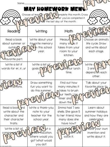 Editable Year Long Monthly Homework Menu Choice Board for 1st Grade
