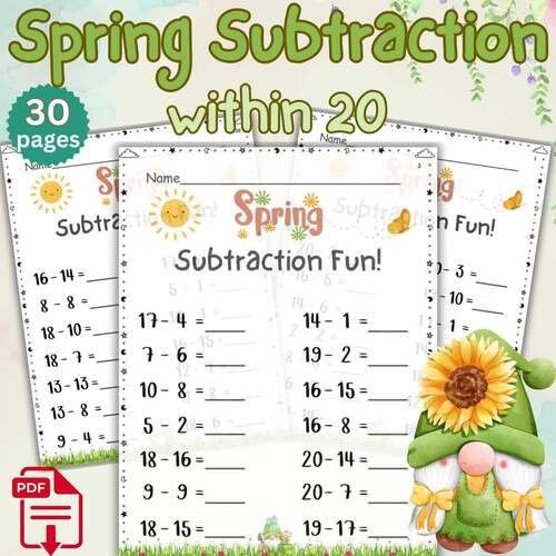 Spring Subtraction Fun Within 20 + Answer Keys| Printable Worksheets ...