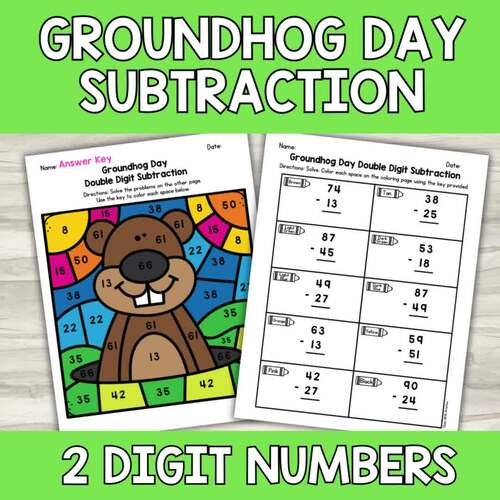 Groundhog Day Double Digit Subtraction Color by Answer | Math Center ...
