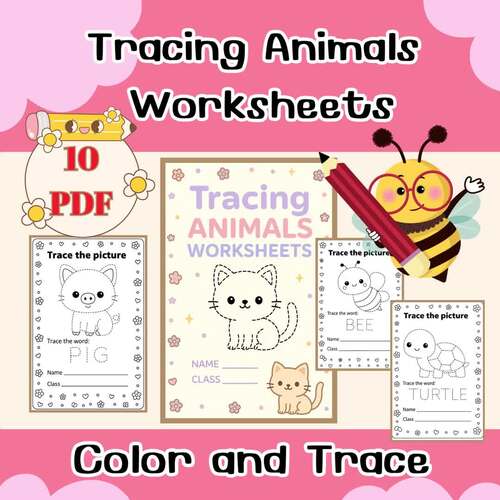 Tracing & Coloring Animals Worksheets – 10 Cute Kawaii Pages for ...