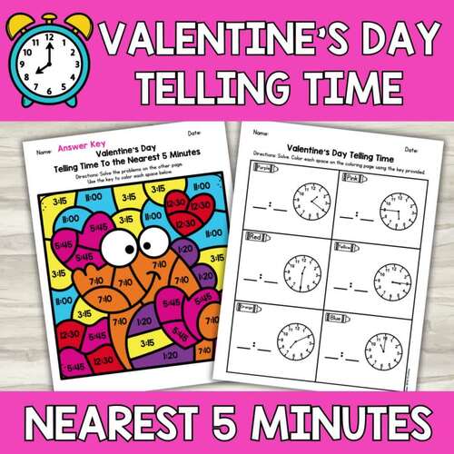 Valentine's Day Telling Time to the Nearest 5 Minutes | Analog Clock ...