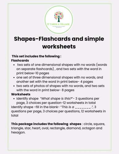 Shapes Flashcards and simple worksheets-10 shapes (ABLLS-R aligned)