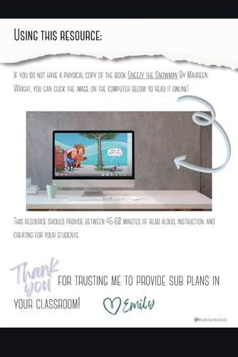 Sub Plans Made Easy - Sneezy the Snowman -Lit./Writing/Craft Emergency ...