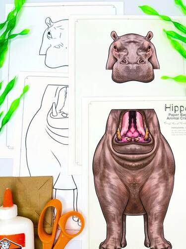 Hippo | Paper Bag Puppet | Printable Craft | Hippos by Simply Schoolgirl