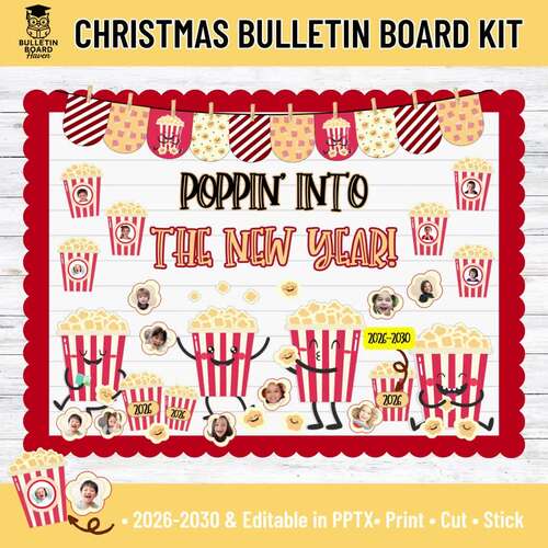 New Year Bulletin Board Kit: Popcorn Theme | Editable Classroom Door Decor