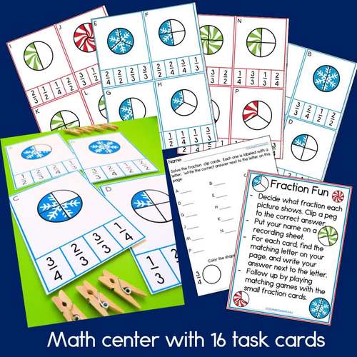 Winter Fractions Task Cards Identifying halves thirds fourths Print and ...