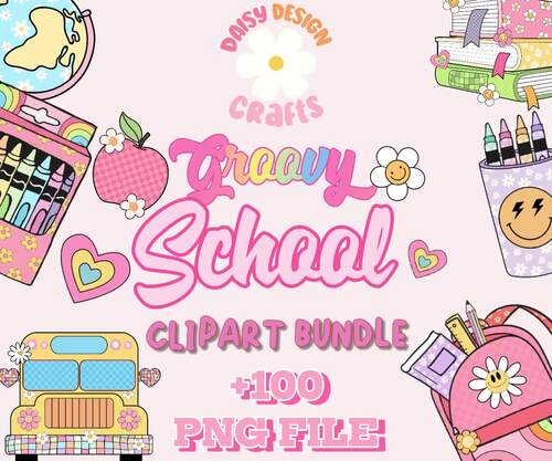 Groovy School Clip art Bundle, Retro School Supplies Clip art, Teacher ...
