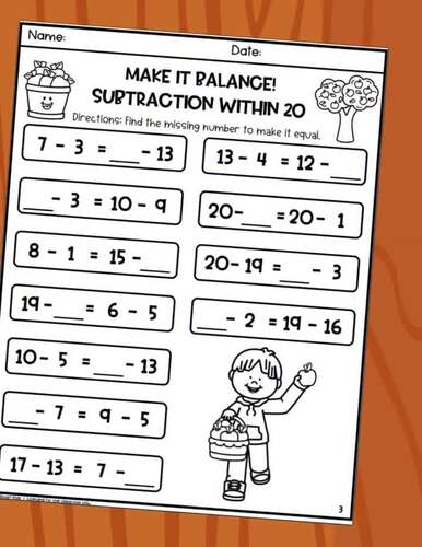 Fall Apple Balancing Subtraction Equations to 20 Make It Equal Autumn Math