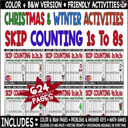 Christmas Winter Skip counting 1s To 8s Tracing 1-9 Draw Color Games ...