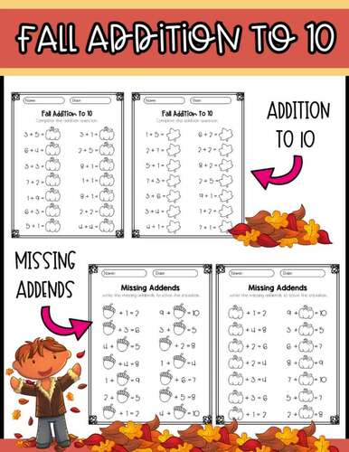 Fall addition within 10 worksheet | Fall Addition with picture to 10 ...