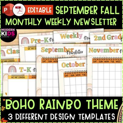 EDITABLE Month & Week September Fall Boho Rainbo Theme Newsletter Templates