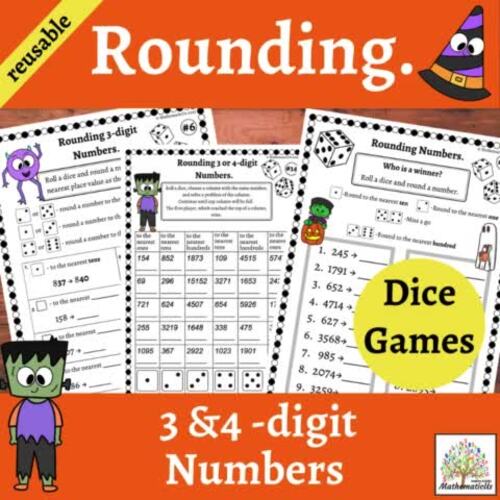 Rounding 3-digit and 4-digit Numbers Halloween Dice Games by MathematicUs