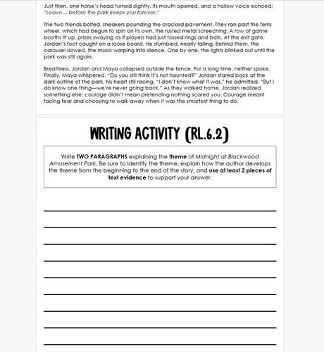 RL.6.2 | 6th Grade Literary Writing Response Activity with Rubric ...