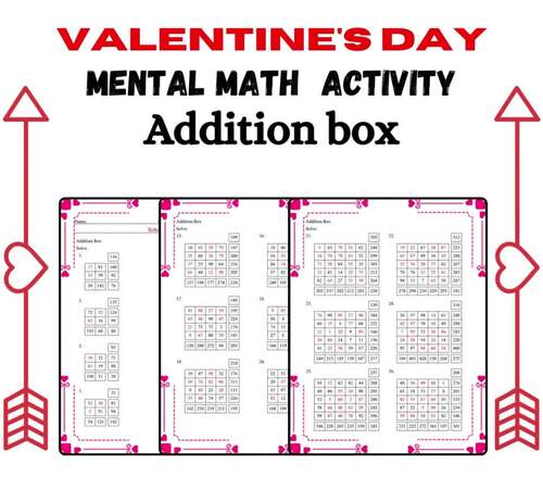 Valentines day Mental Math Activity: Addition Box Easy to Hard No Prep