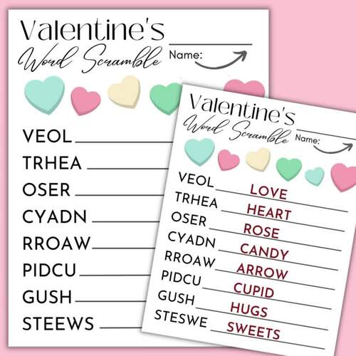 Valentine's Day Word Scramble and Answer Key for Early Finishers