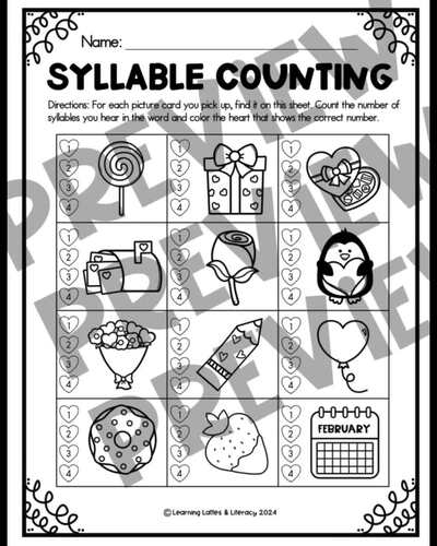 Valentine's Day Center Syllable Count and Clip Task Cards Sorting Game ...