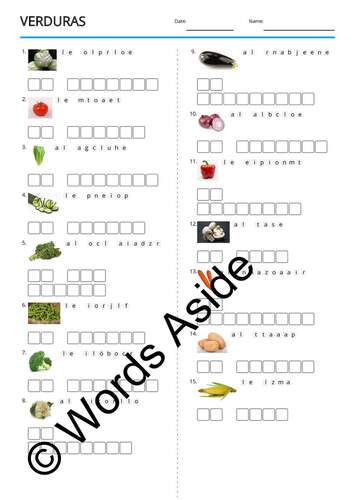 Spanish Vocabulary Worksheet Card Crossword Word Search Anagram VEGETABLES